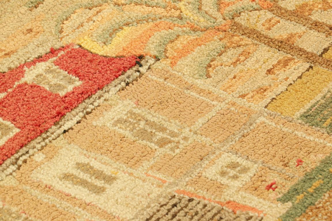 Antique Framed Hooked Rug, Beige With Country Home Pictorial - Rug ...