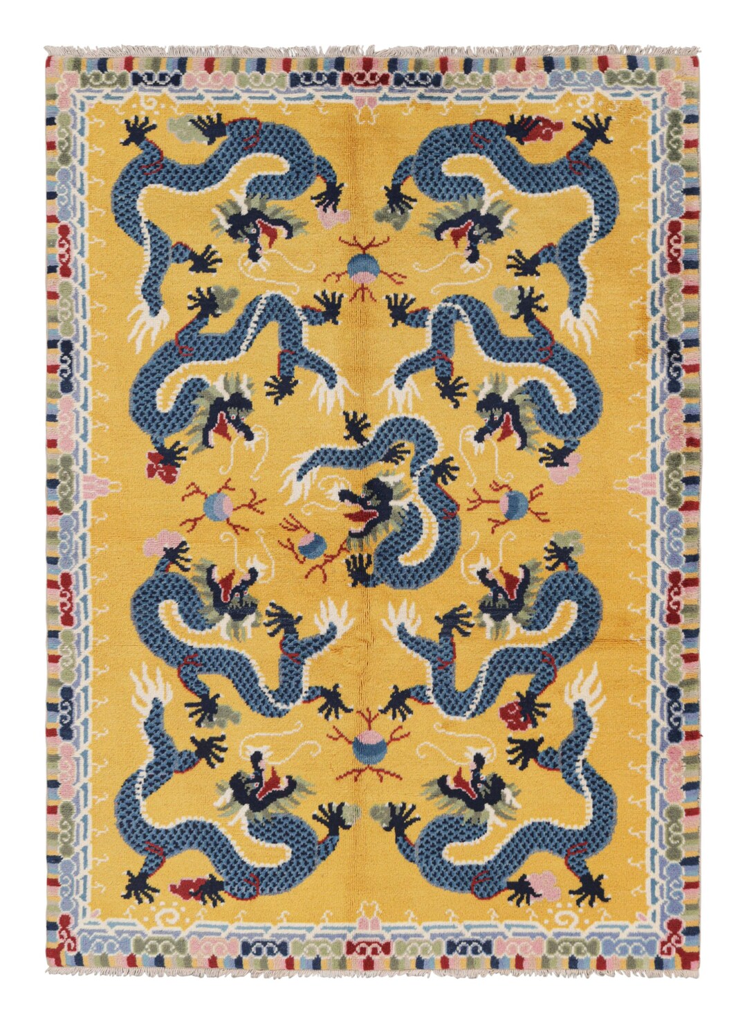 Vintage Chinese Pictorial Dragon Rug in Gold and Blue by Rug & Kilim - Etsy