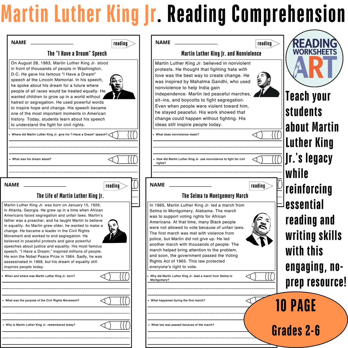 Martin Luther King Jr. Reading Comprehension Passages Questions ...