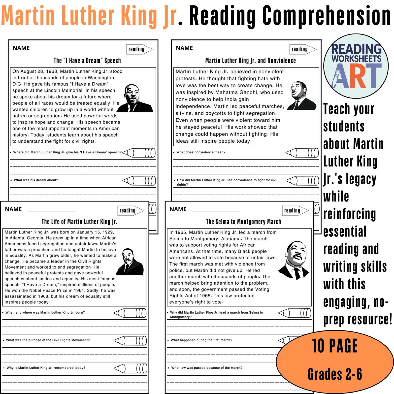Martin Luther King Jr. Reading Comprehension Passages Questions ...