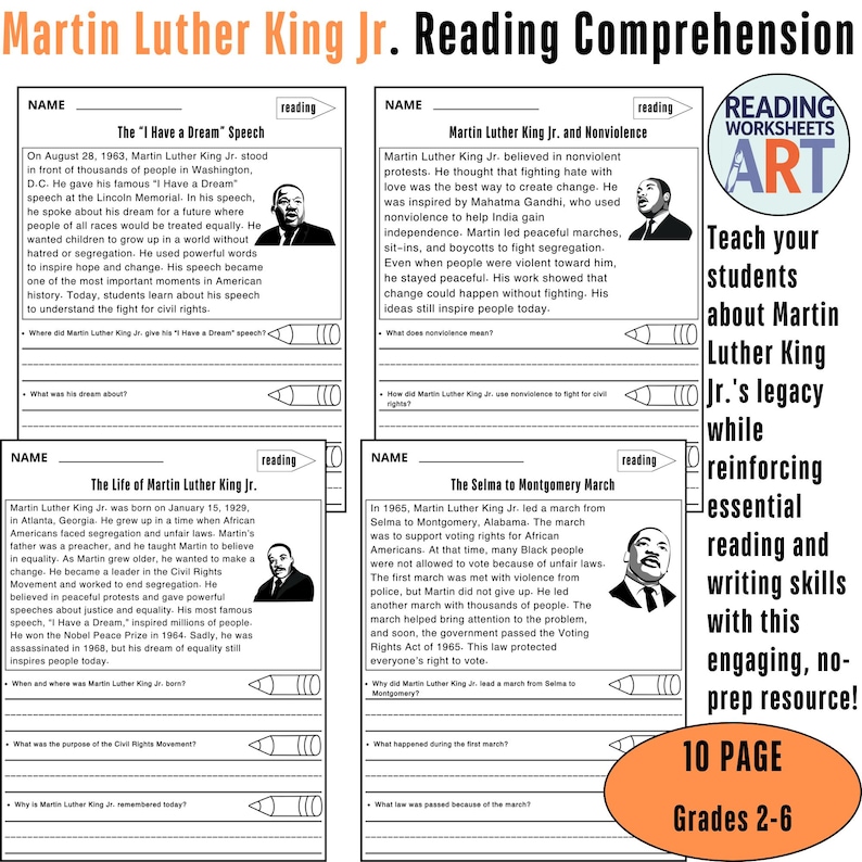 Martin Luther King Jr. Reading Comprehension Passages Questions ...