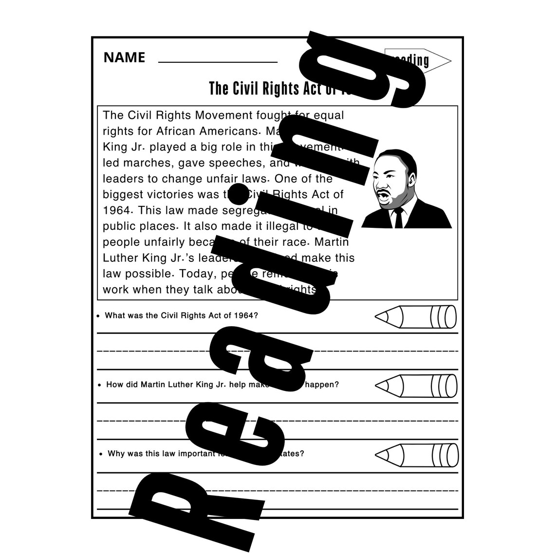 Martin Luther King Jr. Reading Comprehension Passages Questions ...