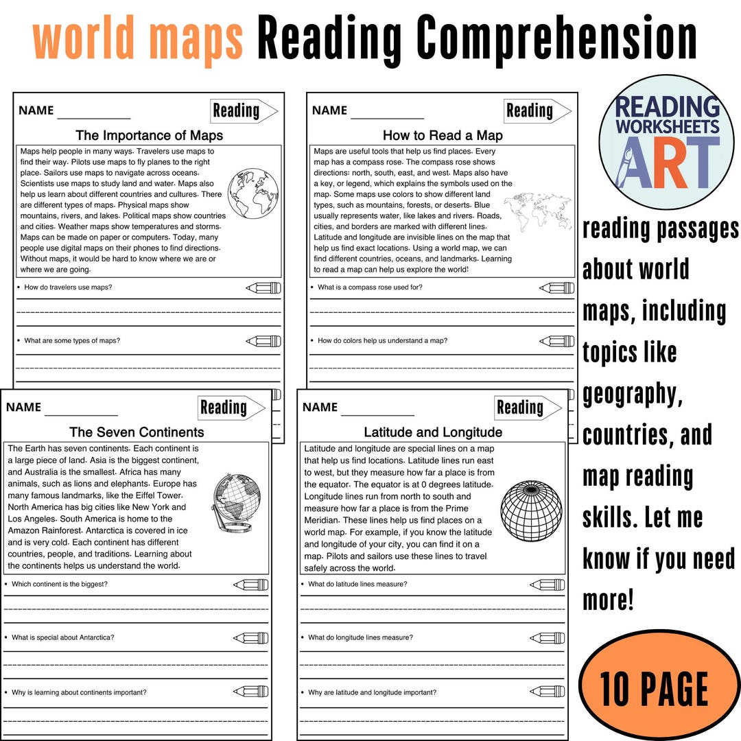World Maps Reading Comprehension Passages Geography Worksheets - Etsy