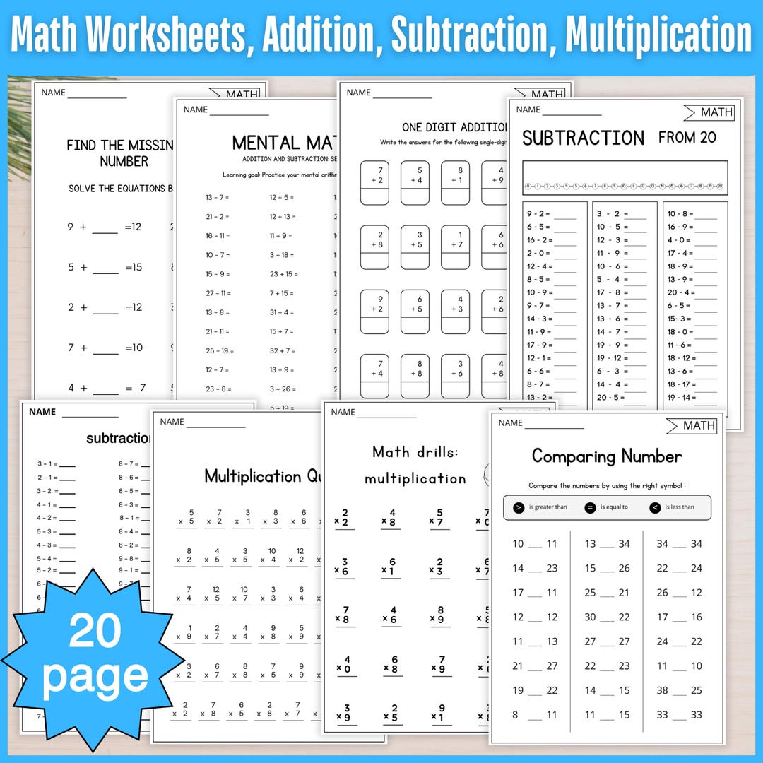 Math Worksheets Bundle, Addition, Subtraction, Multiplication ...