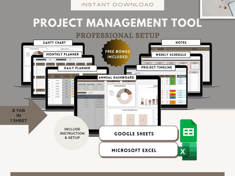Project Management Tracker & Planner Spreadsheet - Kanban, Daily Tasks ...
