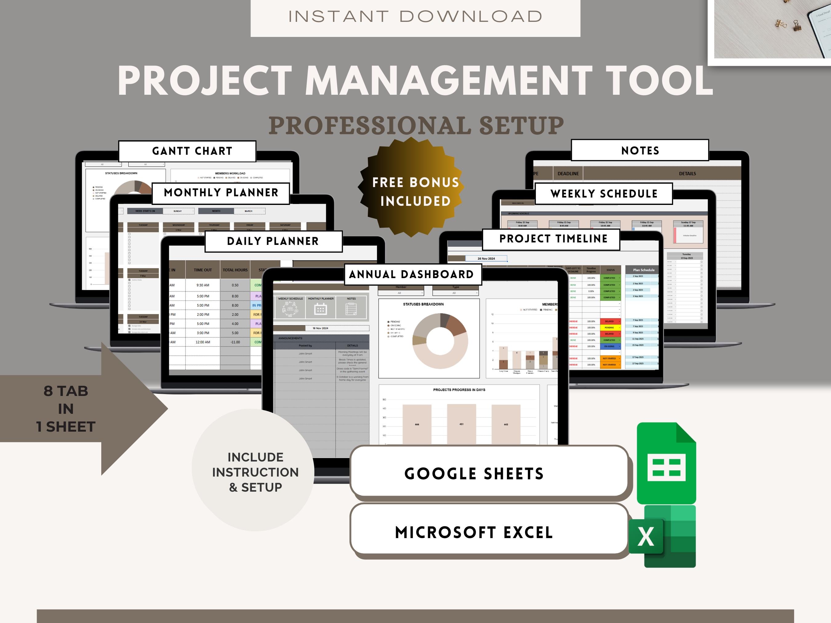 Project Management Tracker & Planner Spreadsheet - Kanban, Daily Tasks ...