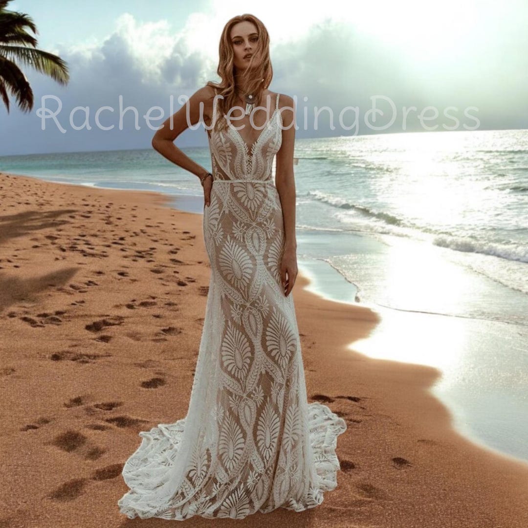 Custom Lace Mermaid Wedding Dress - V-neck Beach Bridal Gown With Spaghetti Straps, Sleeveless ...