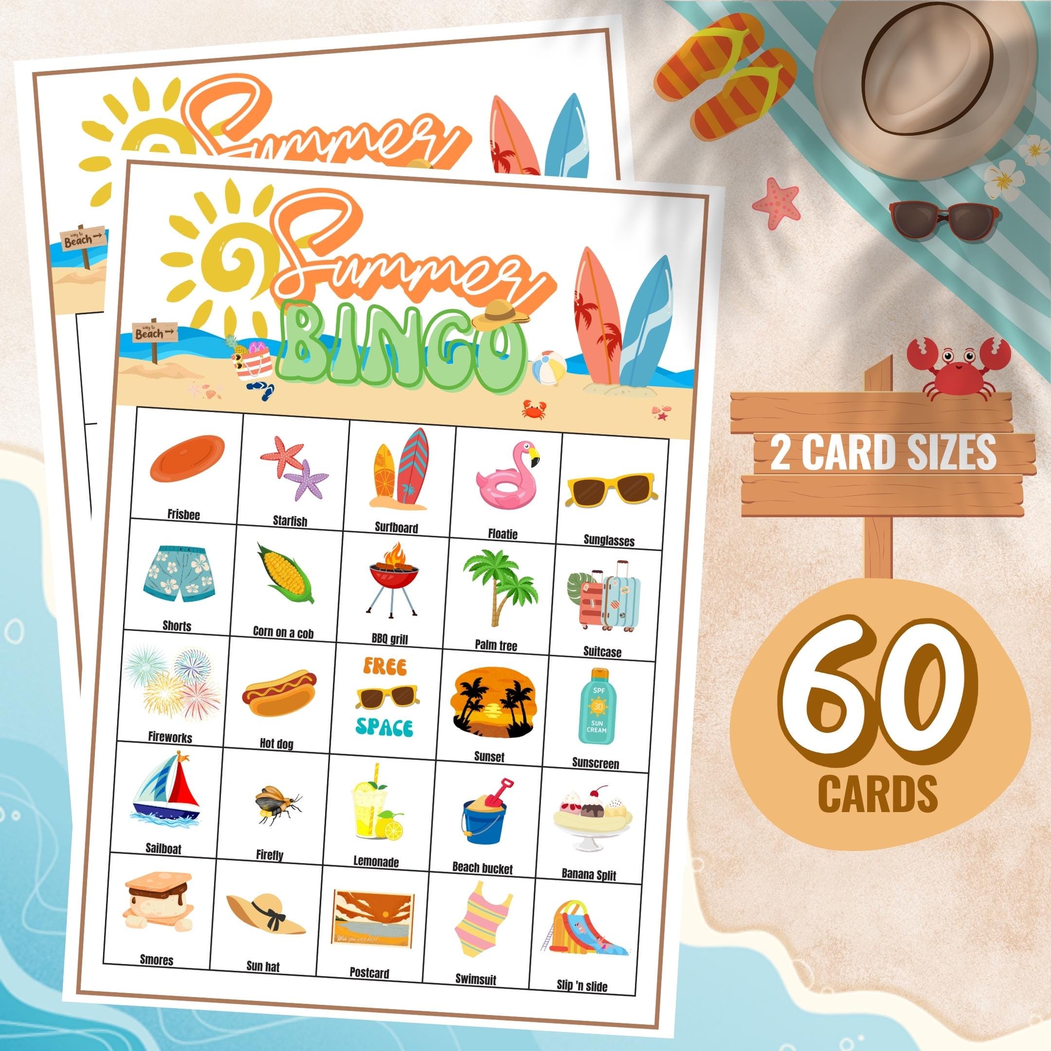 60 Summer Bingo Cards, Summer Theme Bingo, Summer Activity for Kids ...