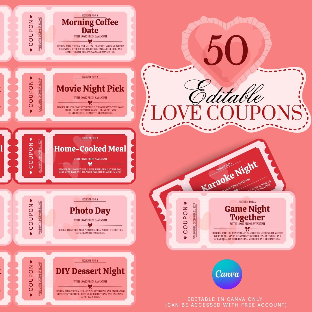Editable Romantic Love Coupons Template, Printable Last Minute Gifts ...