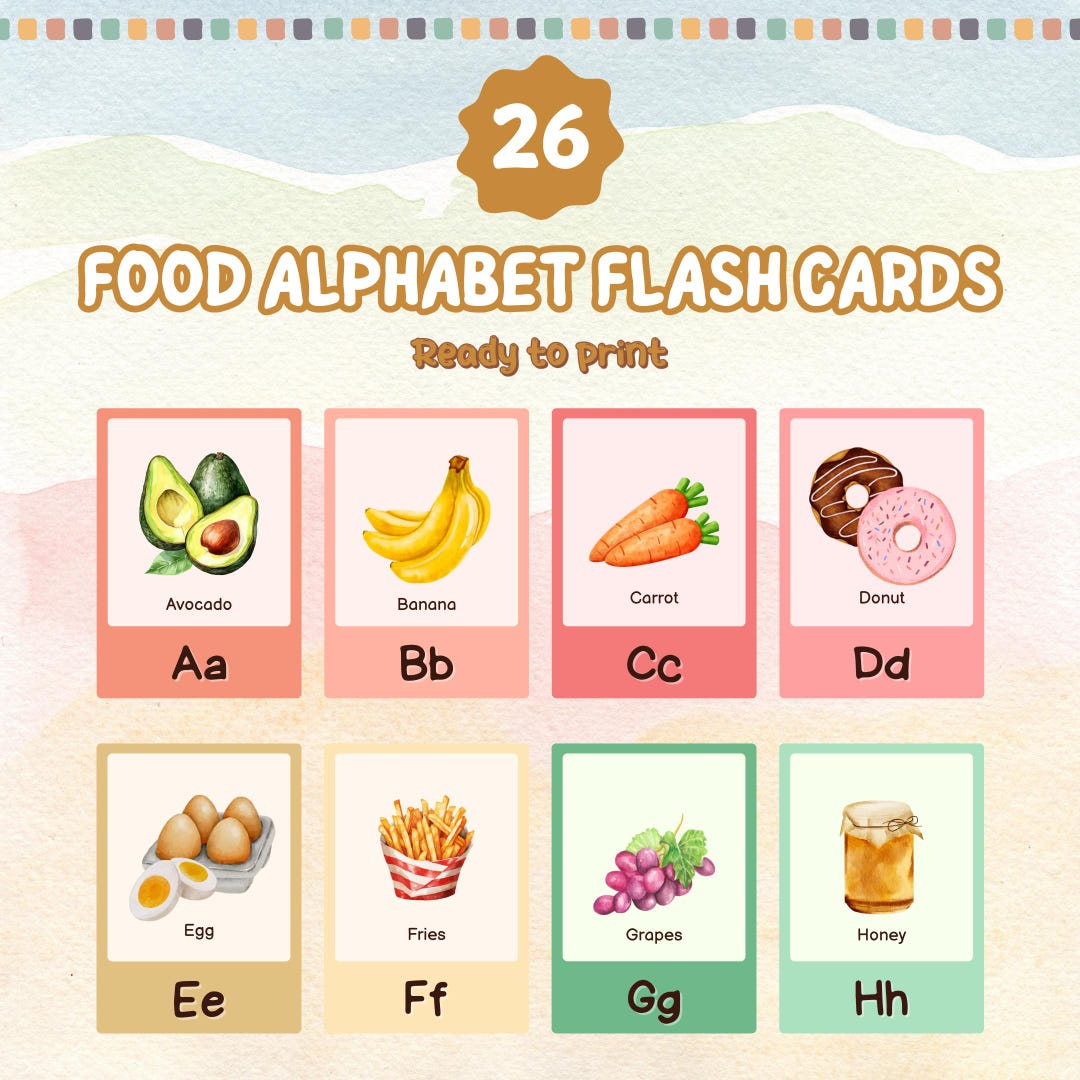 26 Cute Food Alphabet Flash Cards, Printable Educational Cards ...