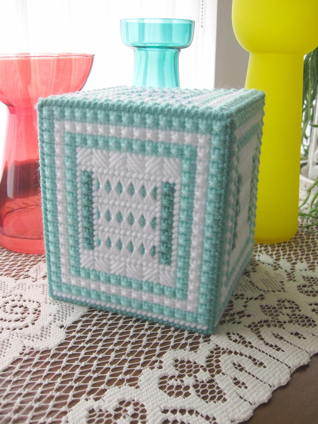 Plastic Canvas Tissue Box Cover - Light Mint/seafoam/white Tissue Box ...