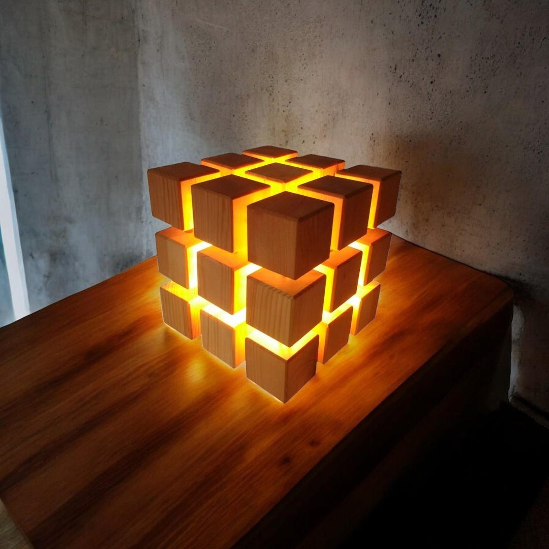 LED Cube Lamp, Wooden Geometric Desk Light, Modern Aesthetic Table Lamp ...