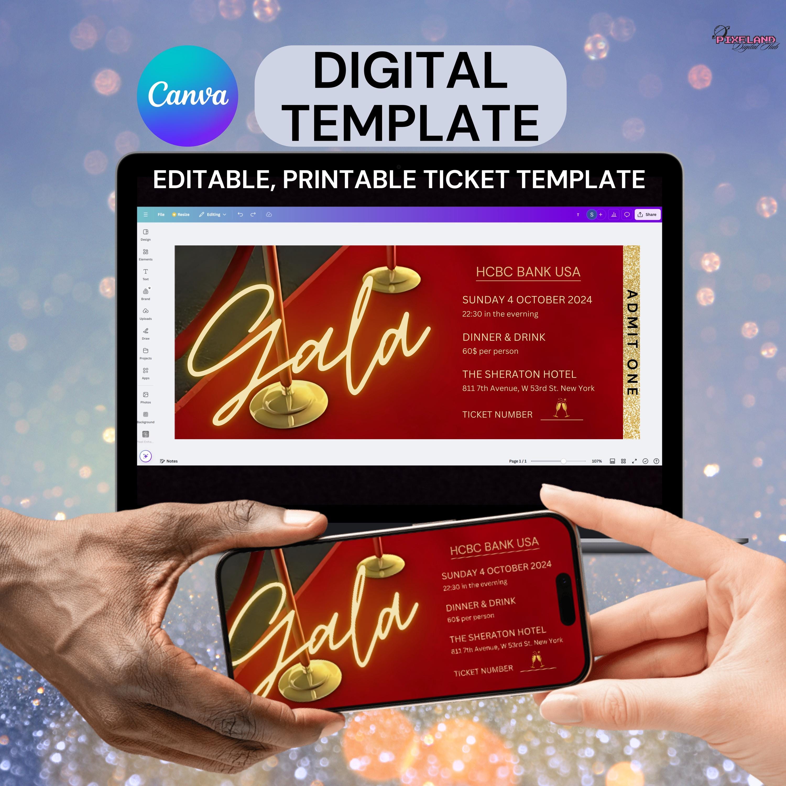 Golden Gala Ticket Template,admit One Printable Digital Download,black ...
