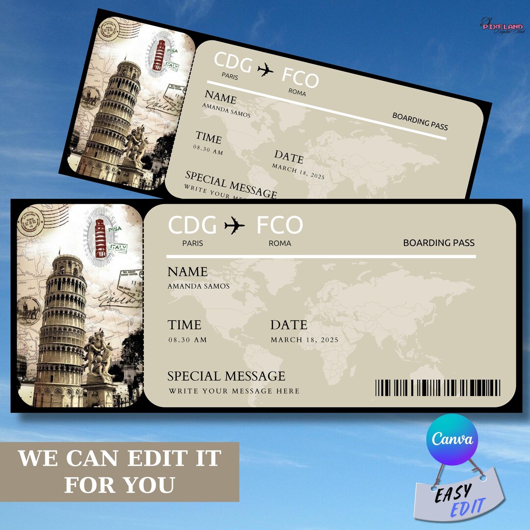 Boarding Pass, Rome Ticket, Trip to Rome, Fake Plane Ticket, Plane ...