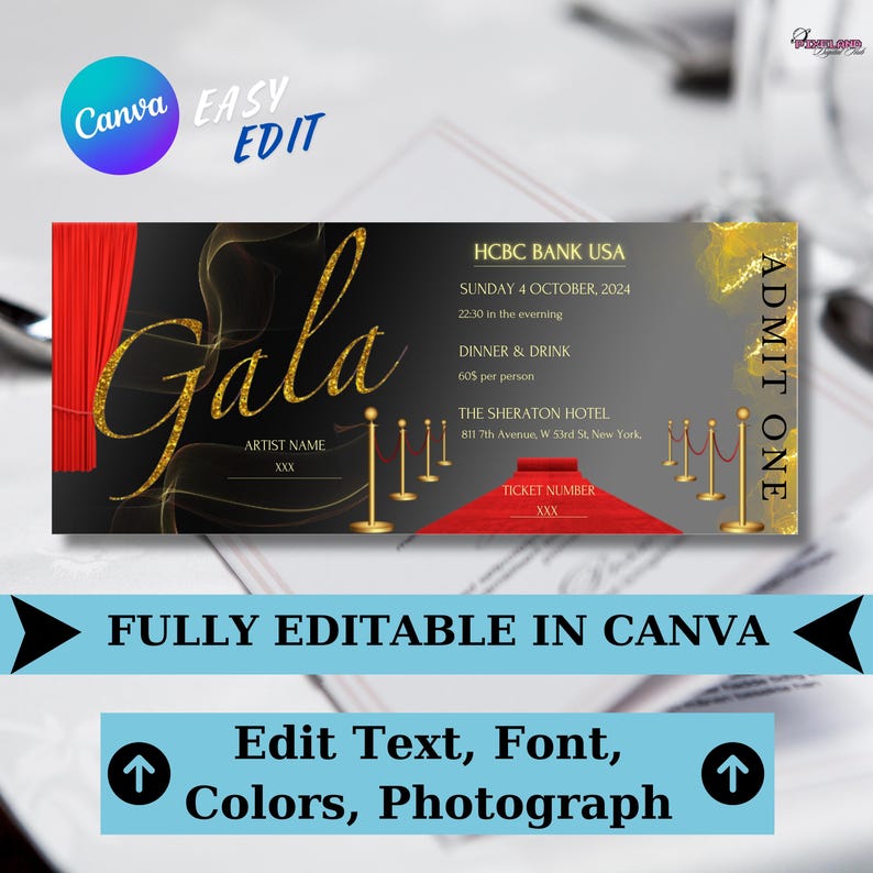 Golden Gala Ticket Template: Printable Event Admission (digital ...