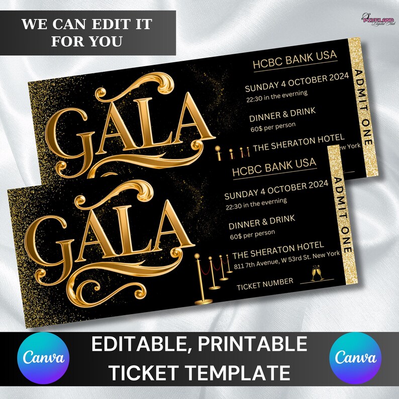 Black and Gold Gala Ticket Template, Printable Event Invitation ...
