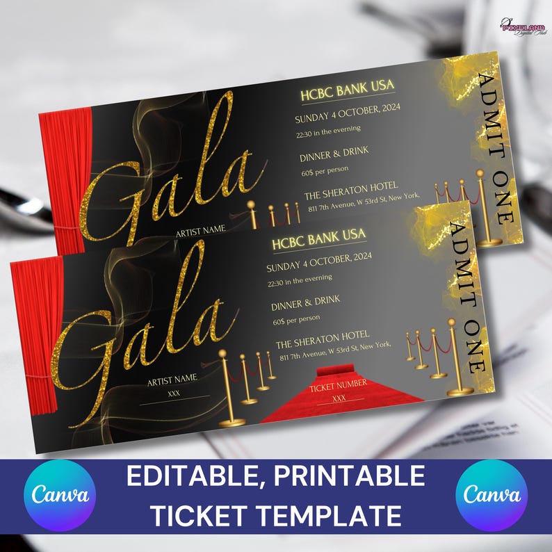 Golden Gala Ticket Template: Printable Event Admission (digital ...
