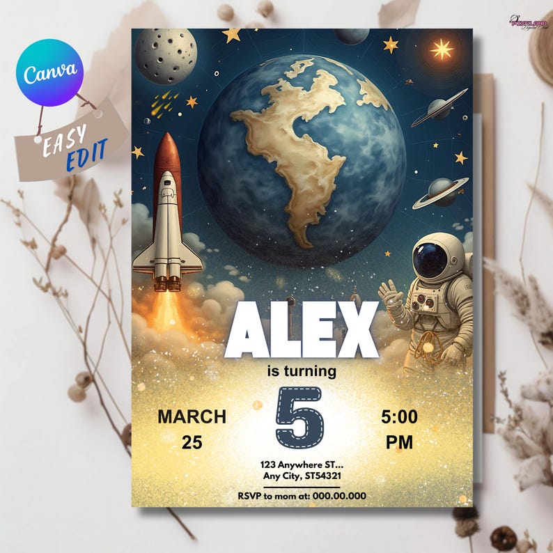 Space and Astronaut Birthday Invitation, Planets Birthday Invite, Kids ...