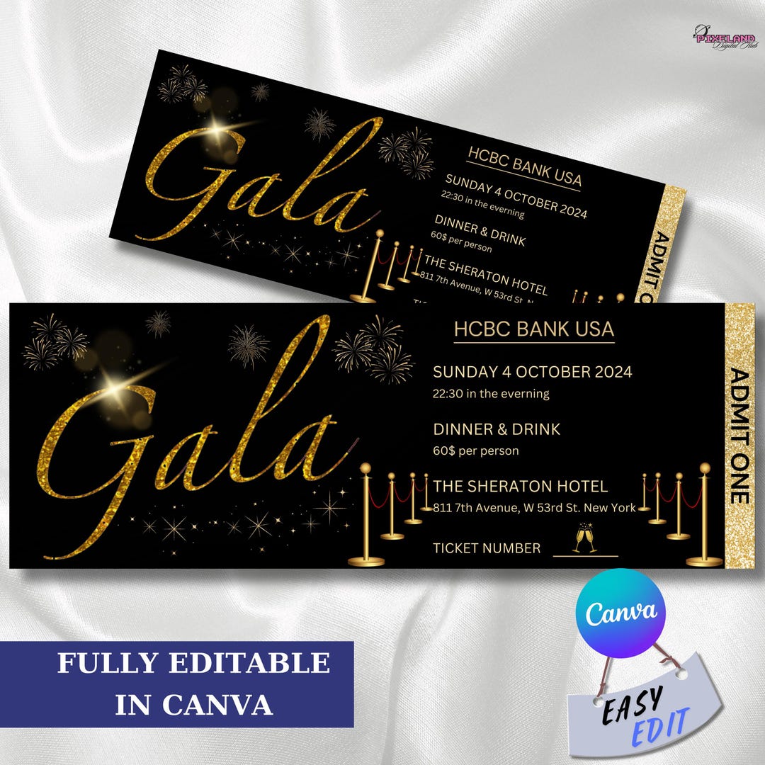 Golden Gala Ticket Template,admit One Printable Digital Download,black ...