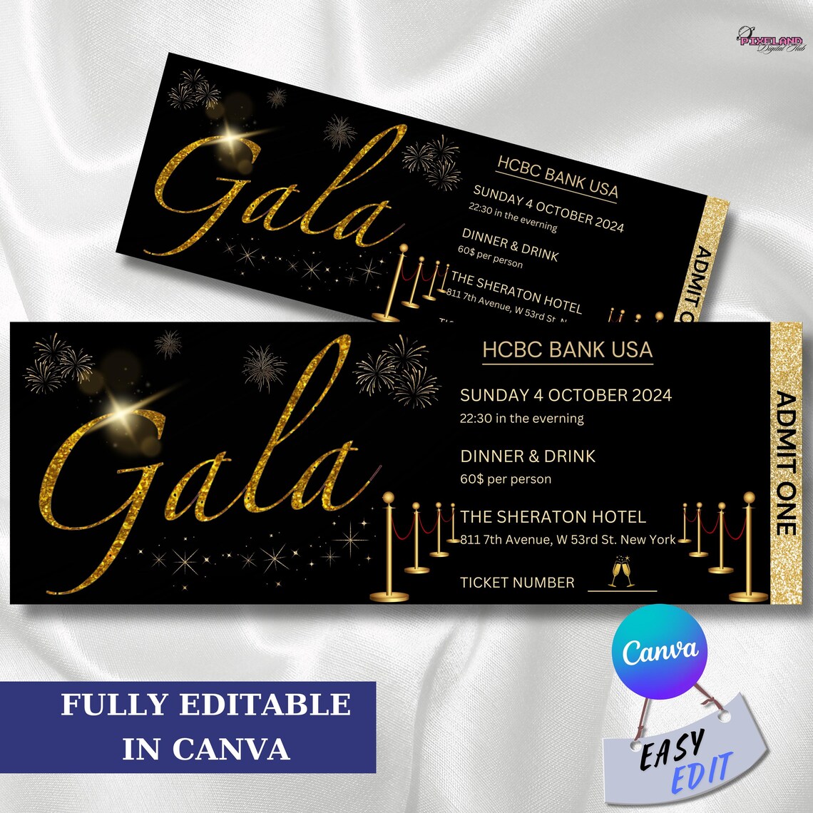 Golden Gala Ticket Template,admit One Printable Digital Download,black ...