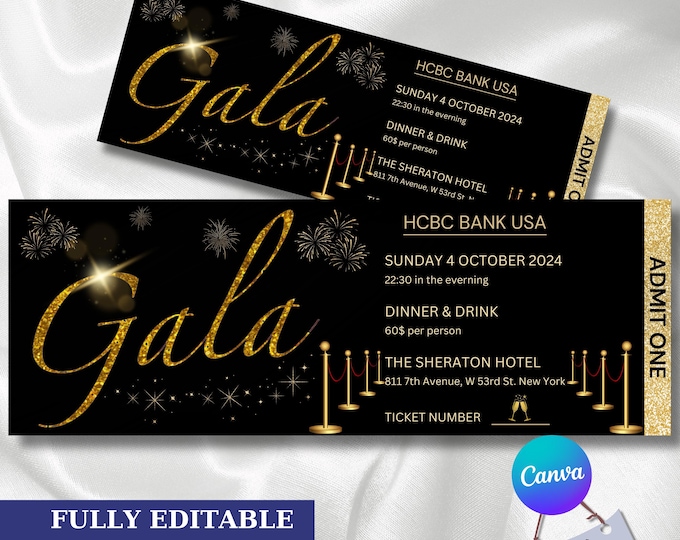 Golden Gala Ticket Template,admit One Printable Digital Download,black ...
