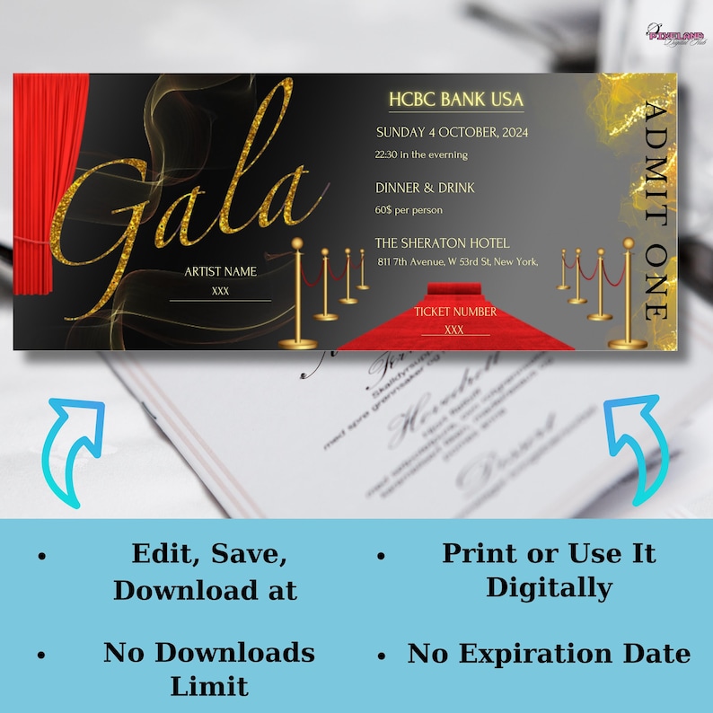 Golden Gala Ticket Template: Printable Event Admission (digital ...