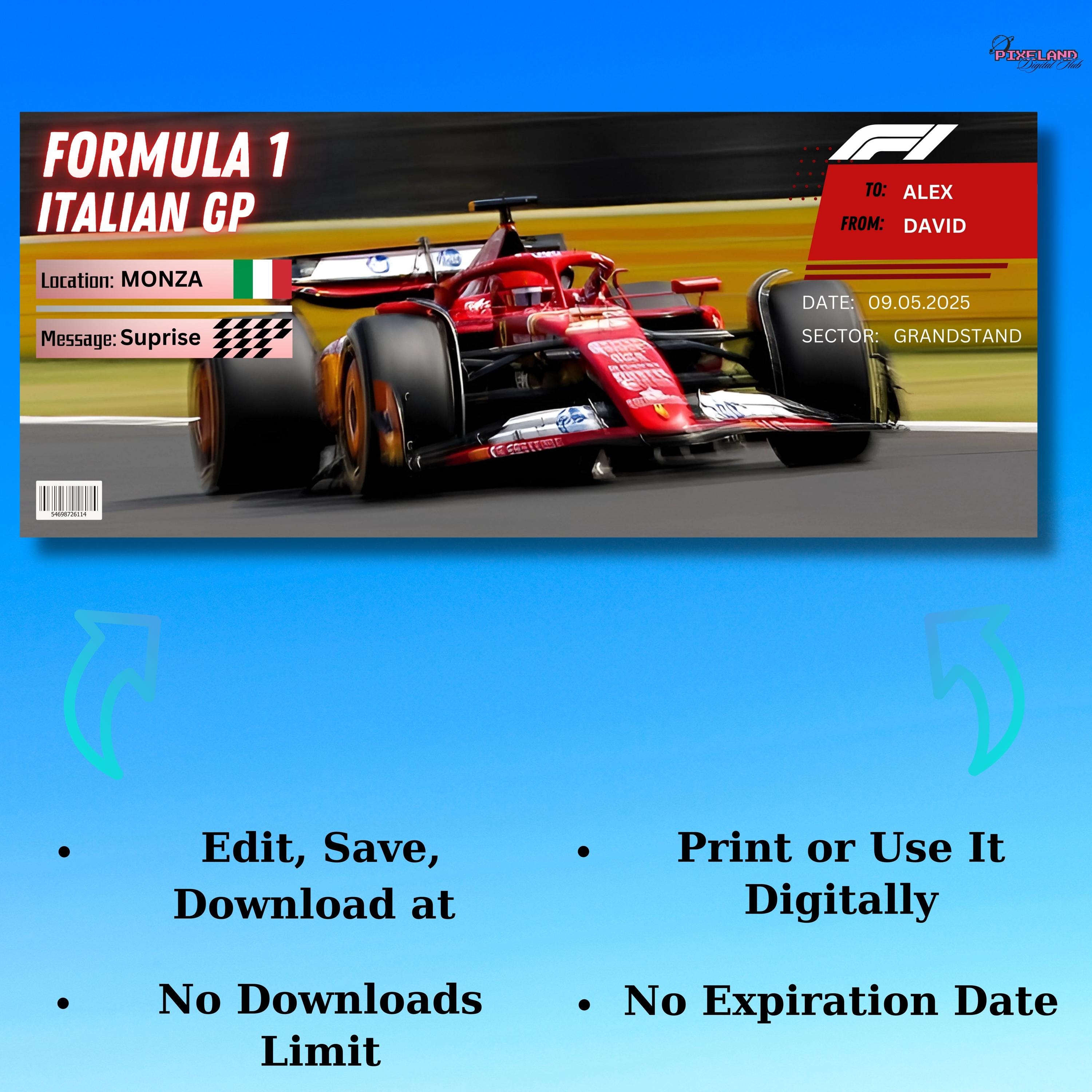 Printable Formula 1 Ticket, Formula 1 Digital Ticket, F1 Belgıan Italian Race Ticket,editable ...