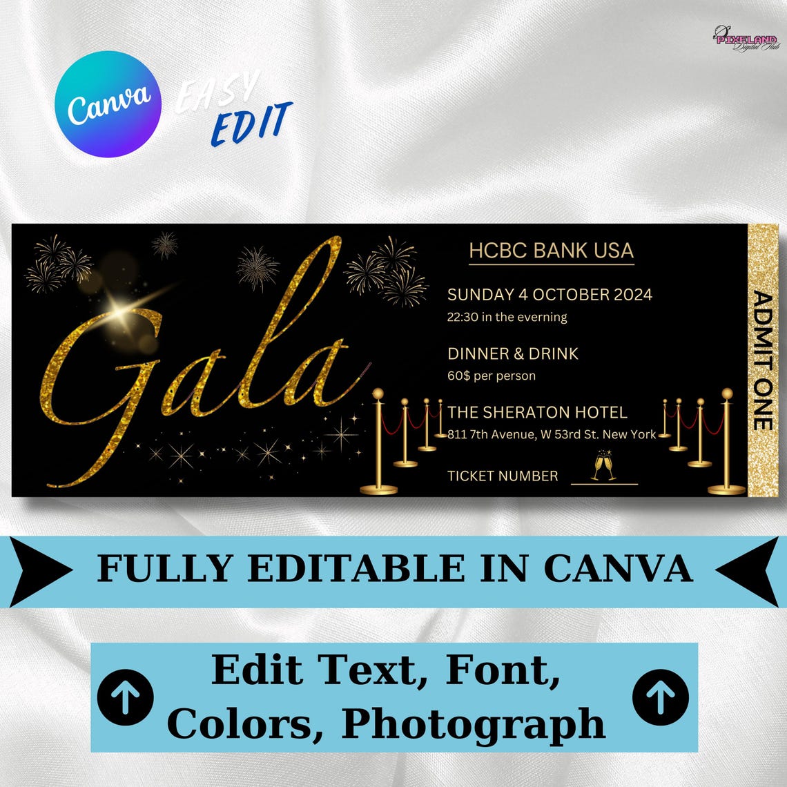 Golden Gala Ticket Template,admit One Printable Digital Download,black ...