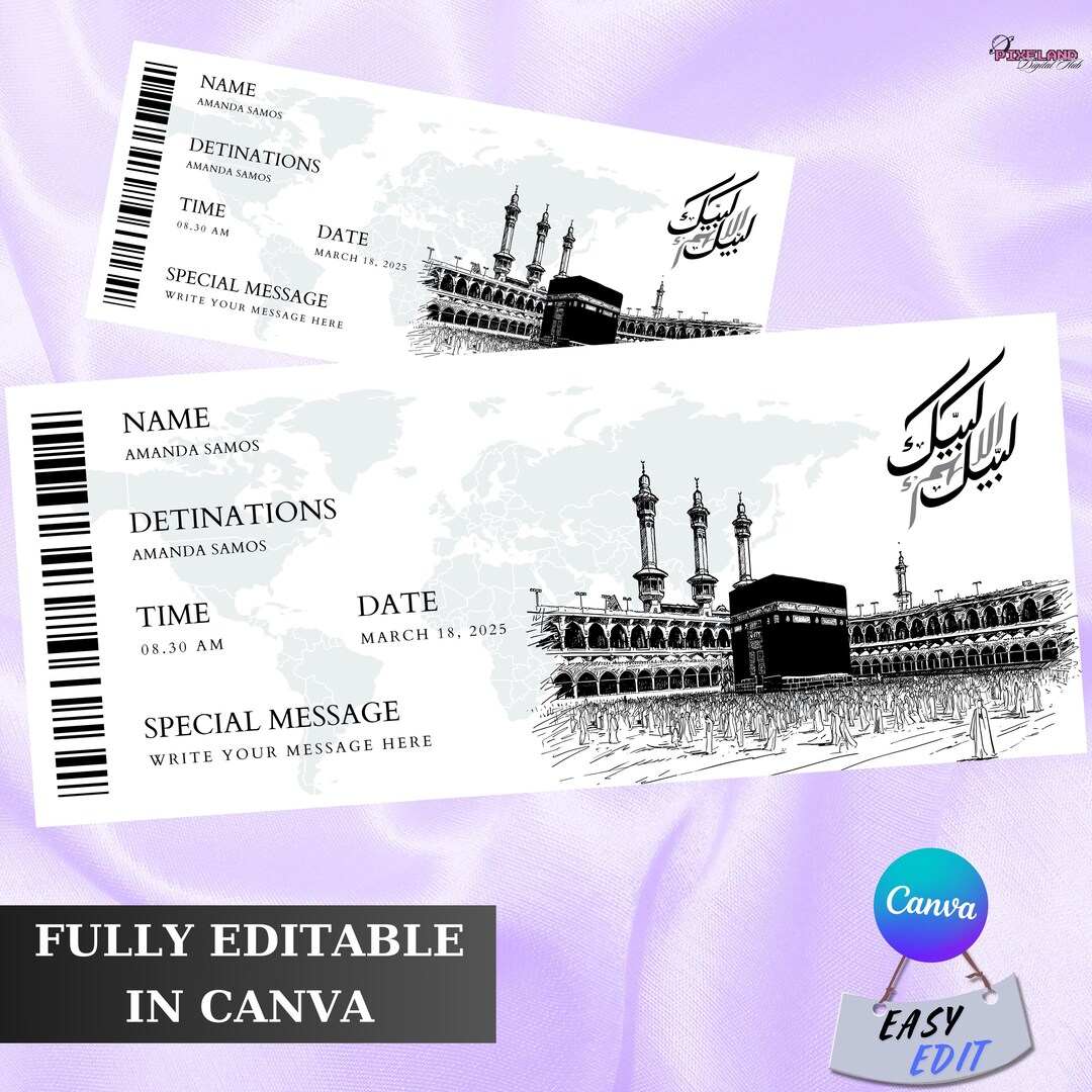 Editable Hajj Umrah Boarding Pass Ticket, Printable Islamic Pilgrimage ...