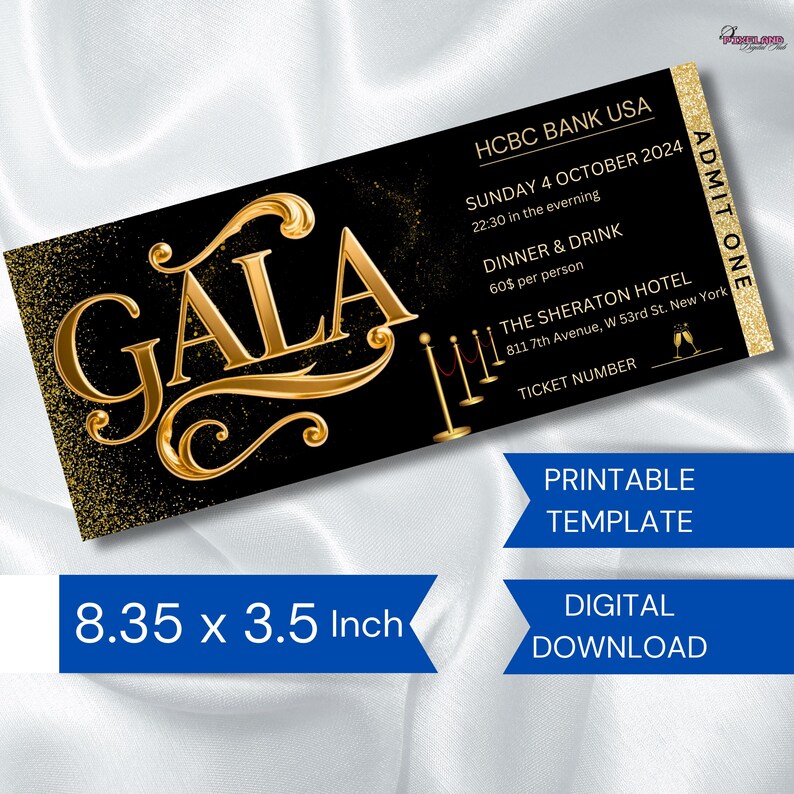 Black and Gold Gala Ticket Template, Printable Event Invitation ...