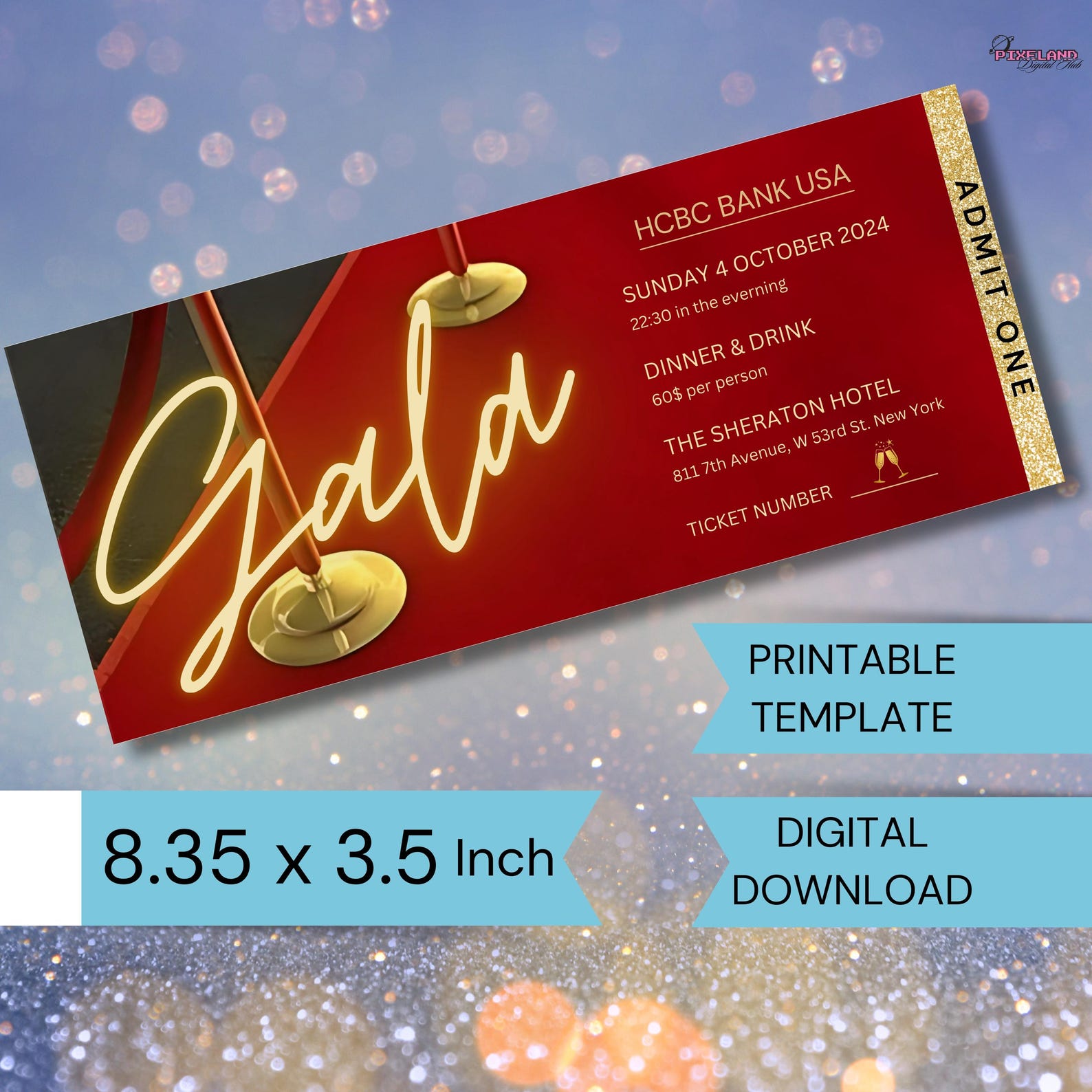 Golden Gala Ticket Template,admit One Printable Digital Download,black ...