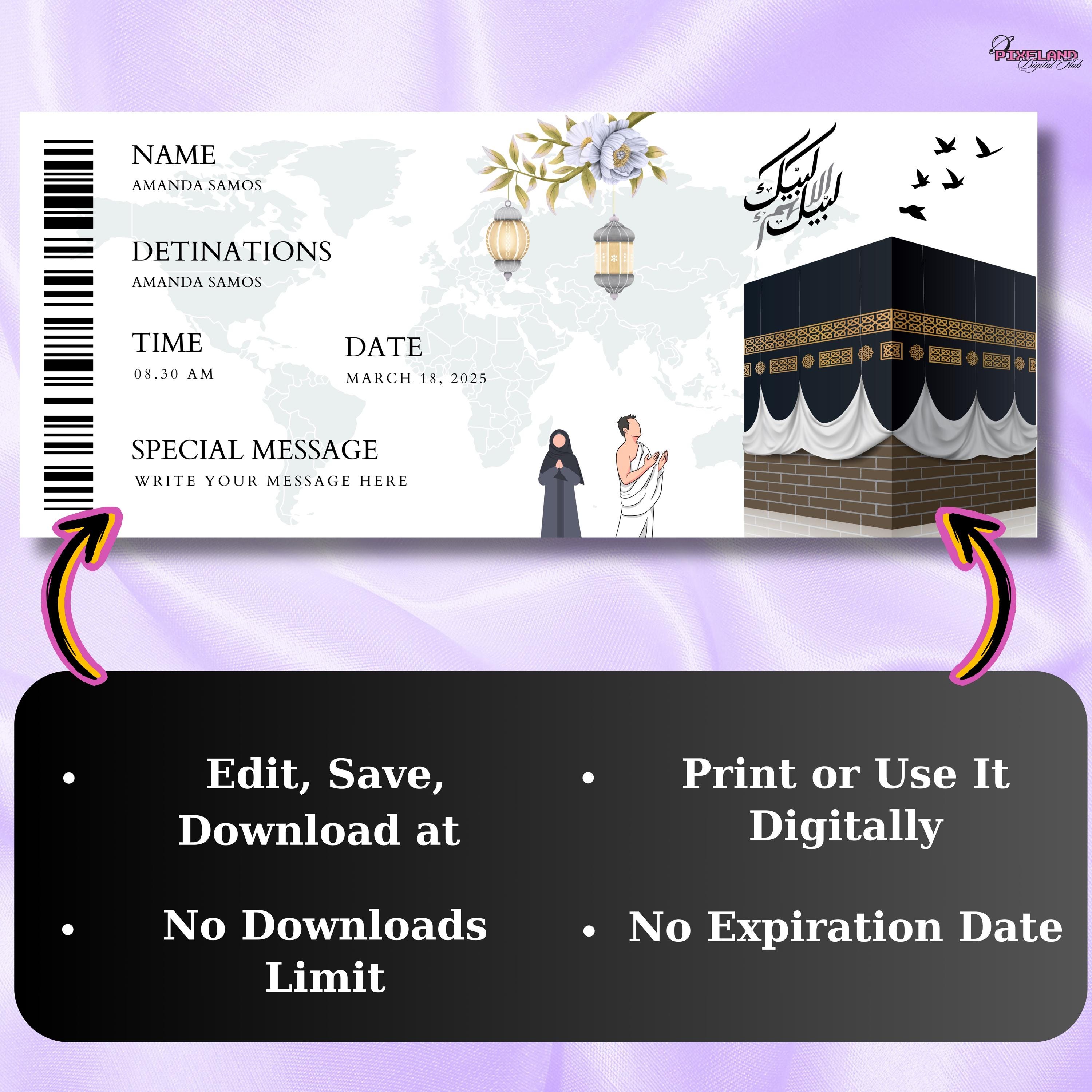 Editable Hajj and Umrah Boarding Pass Ticket, Islamic Pilgrimage ...