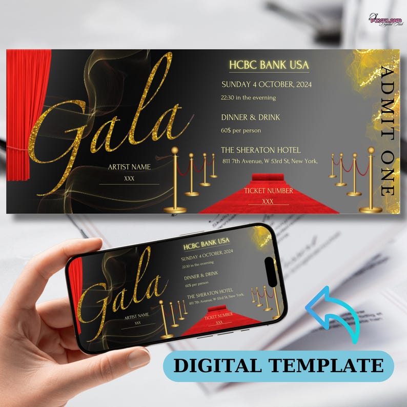 Golden Gala Ticket Template: Printable Event Admission (digital ...