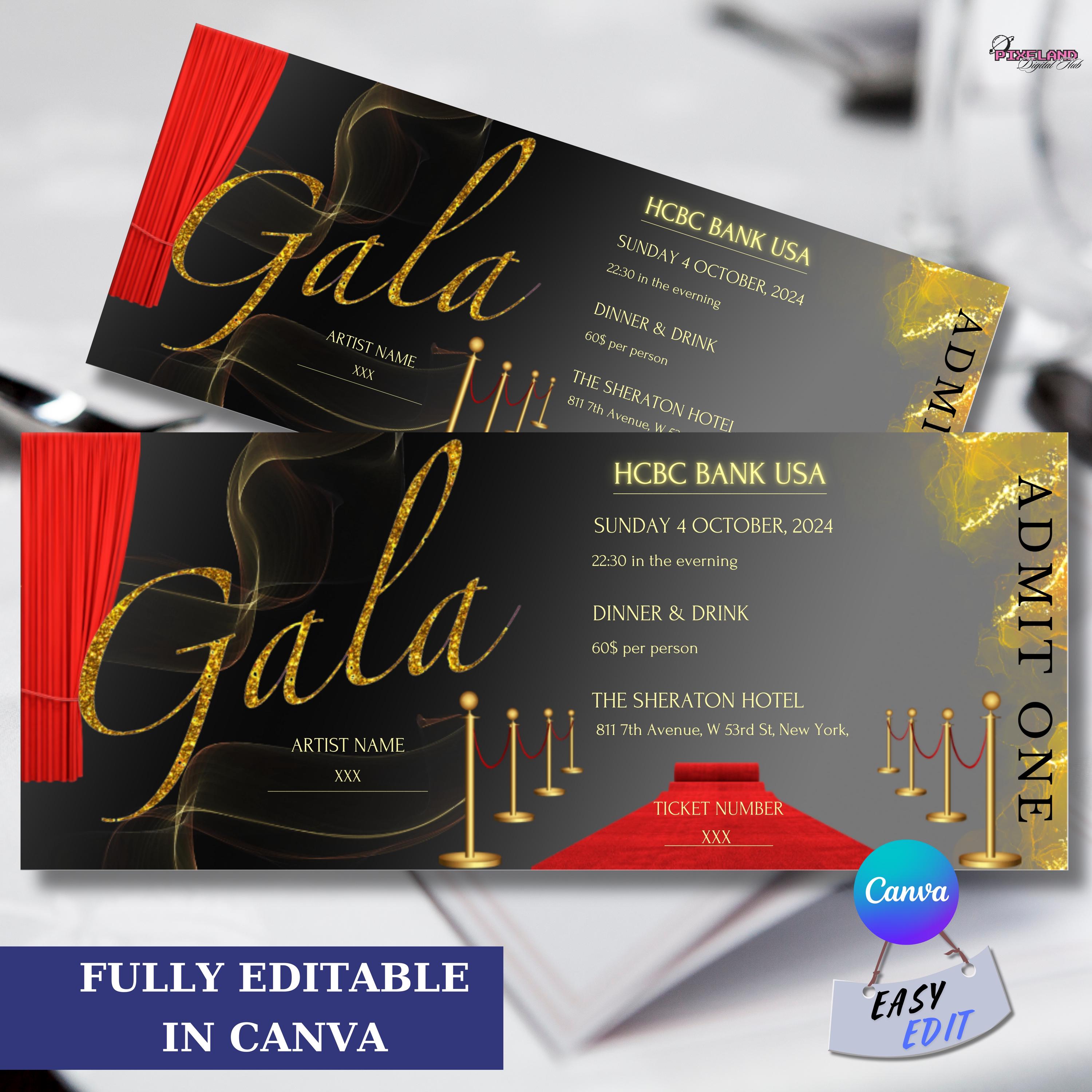 Golden Gala Ticket Template: Printable Event Admission (digital ...