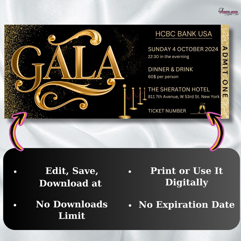 Black and Gold Gala Ticket Template, Printable Event Invitation ...
