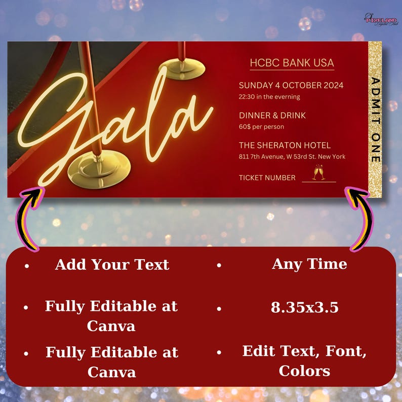 Golden Gala Ticket Template,admit One Printable Digital Download,black ...
