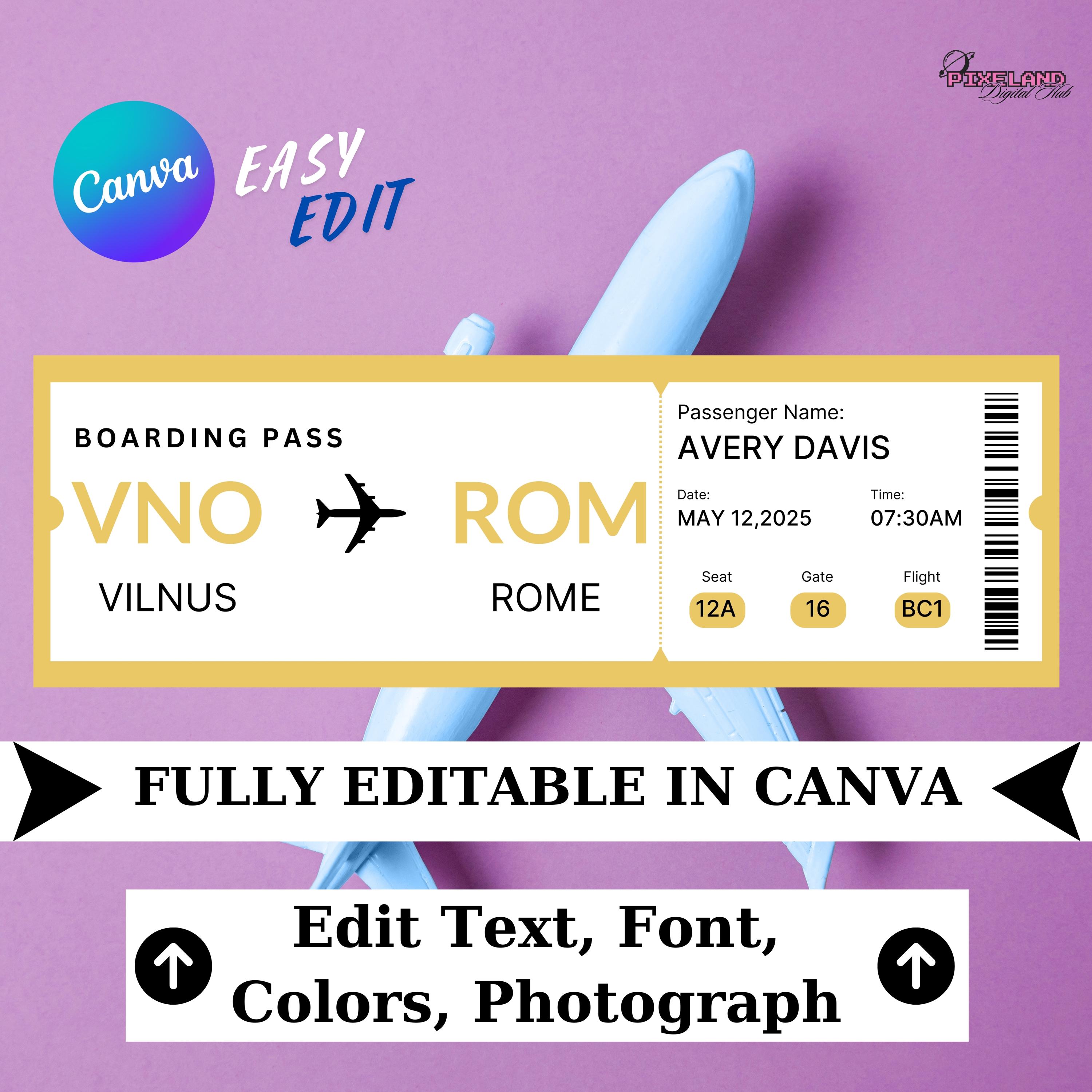 Editable Airline Ticket, Boarding Pass Surprise Trip, Custom Airplane ...