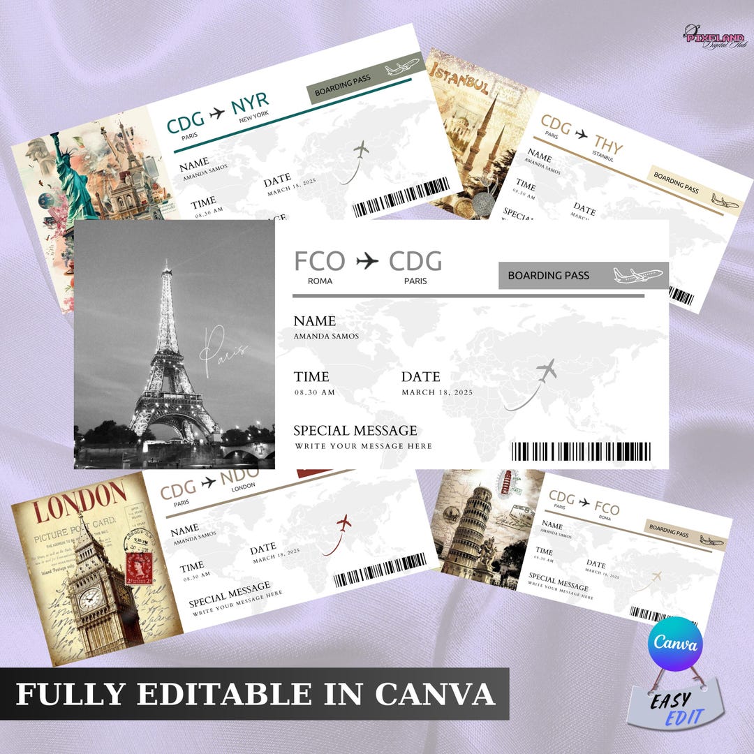 Surprise Trip Ticket Template Editable Diy Boarding Pass Digital