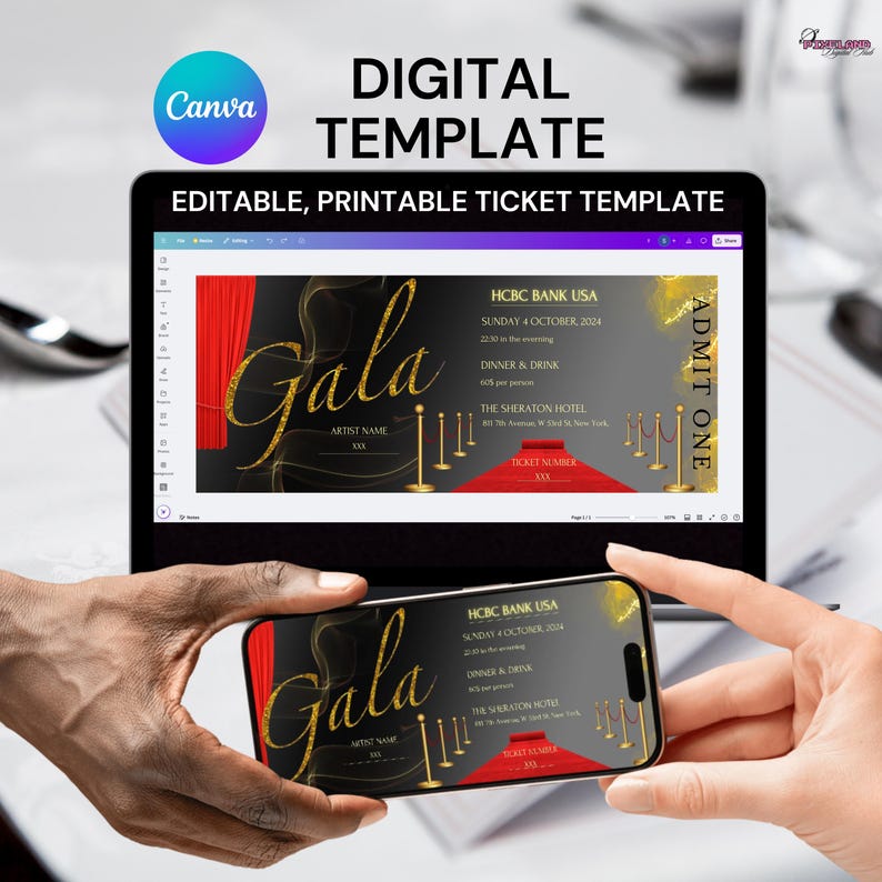 Golden Gala Ticket Template: Printable Event Admission (digital ...