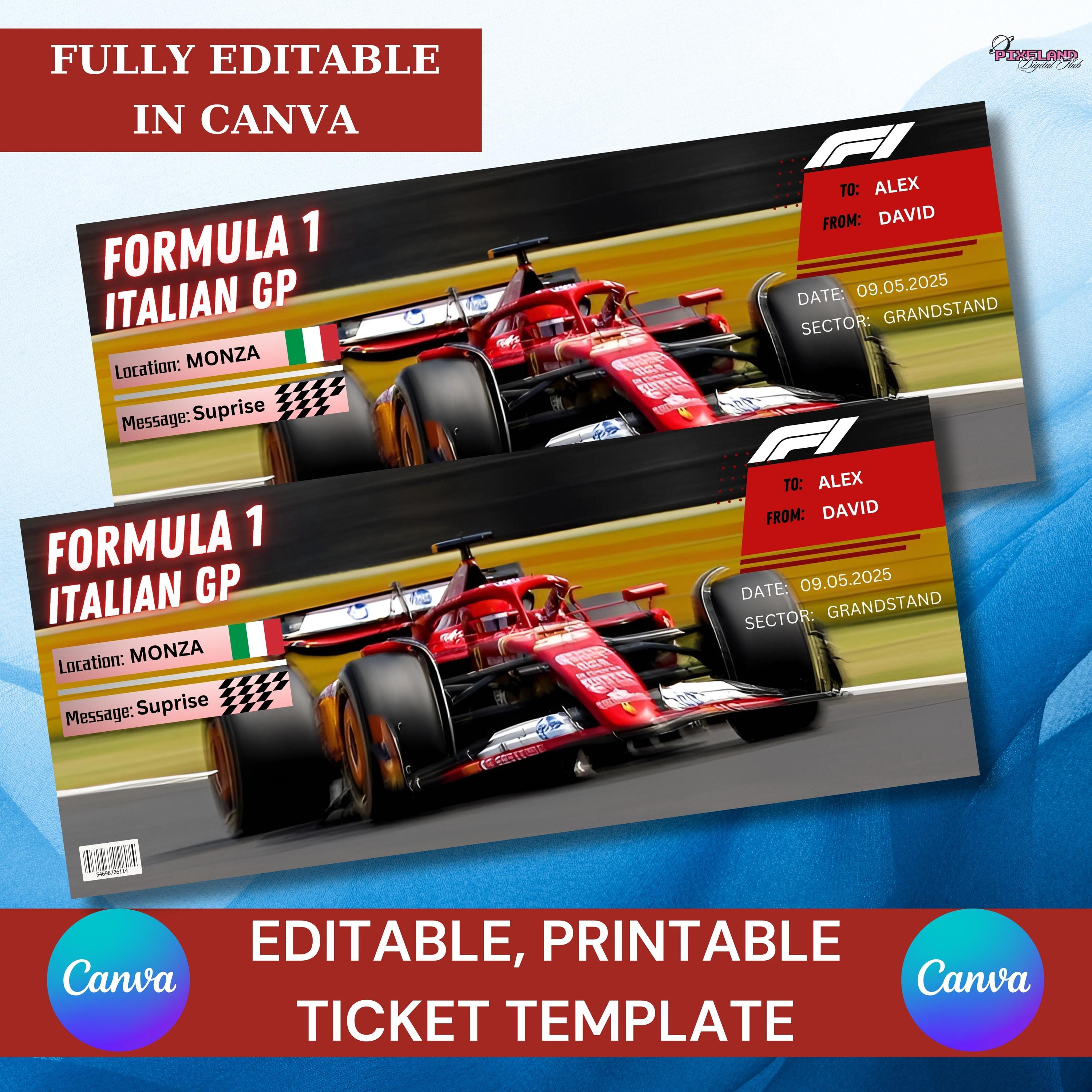 Printable Formula 1 Ticket, Formula 1 Digital Ticket, F1 Belgıan Italian Race Ticket,editable ...