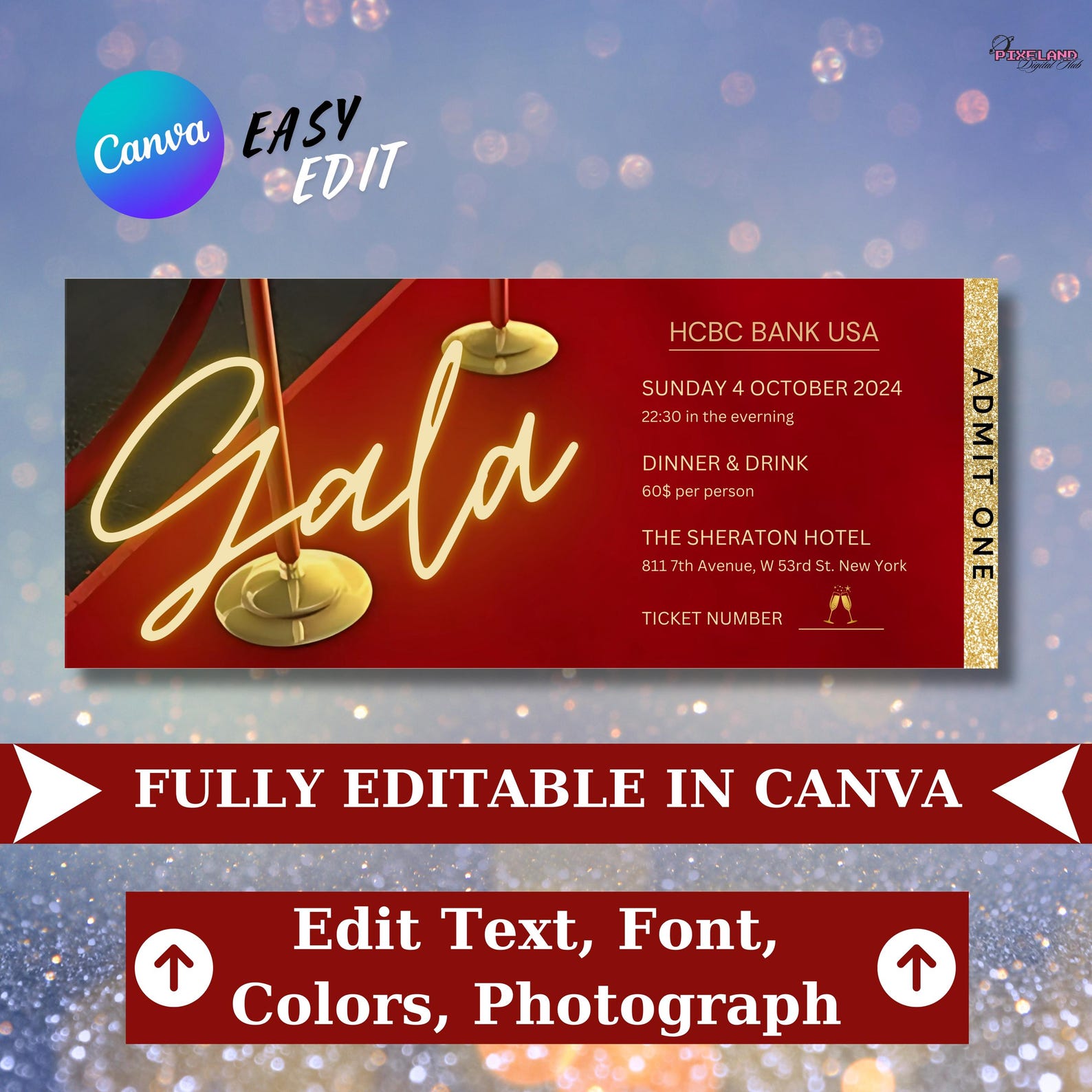 Golden Gala Ticket Template,admit One Printable Digital Download,black ...