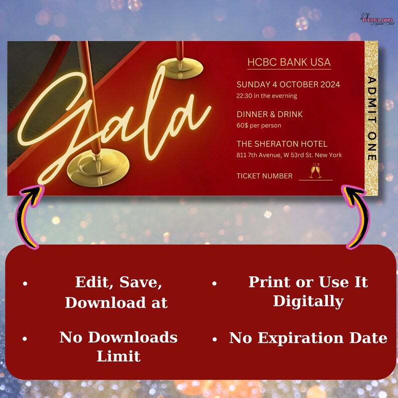 Golden Gala Ticket Template,admit One Printable Digital Download,black ...