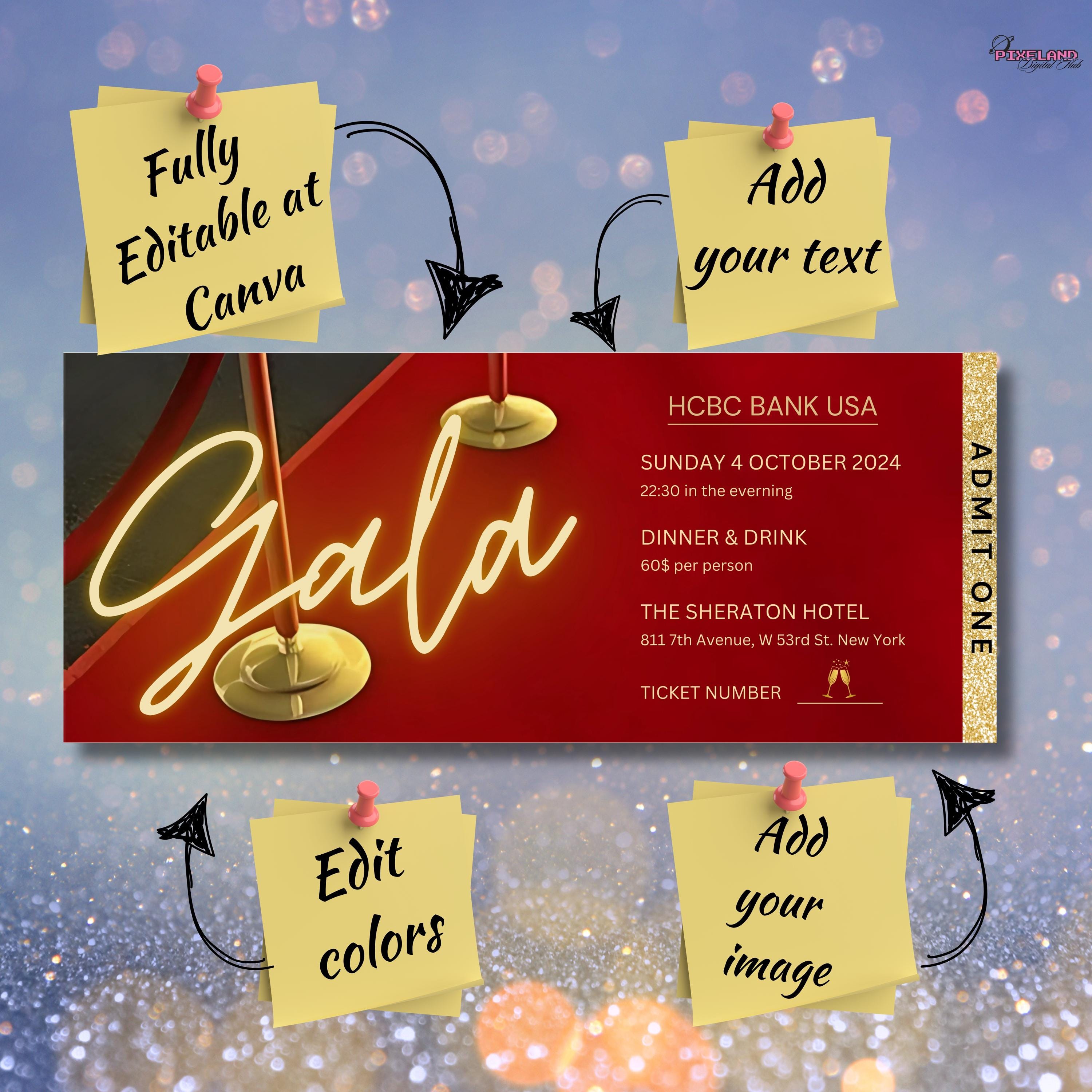 Golden Gala Ticket Template,admit One Printable Digital Download,black ...