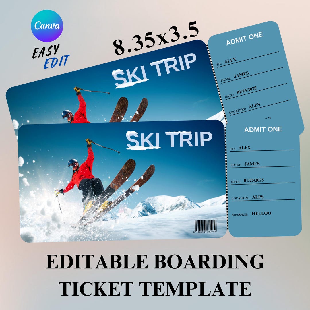 Skiing Gift Ticket, Snow Trip Voucher, Surprise Ticket Reveal, Surprise ...
