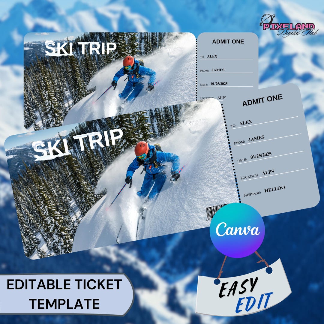 Skiing Gift Ticket, Snow Trip Voucher, Surprise Ticket Reveal, Surprise ...