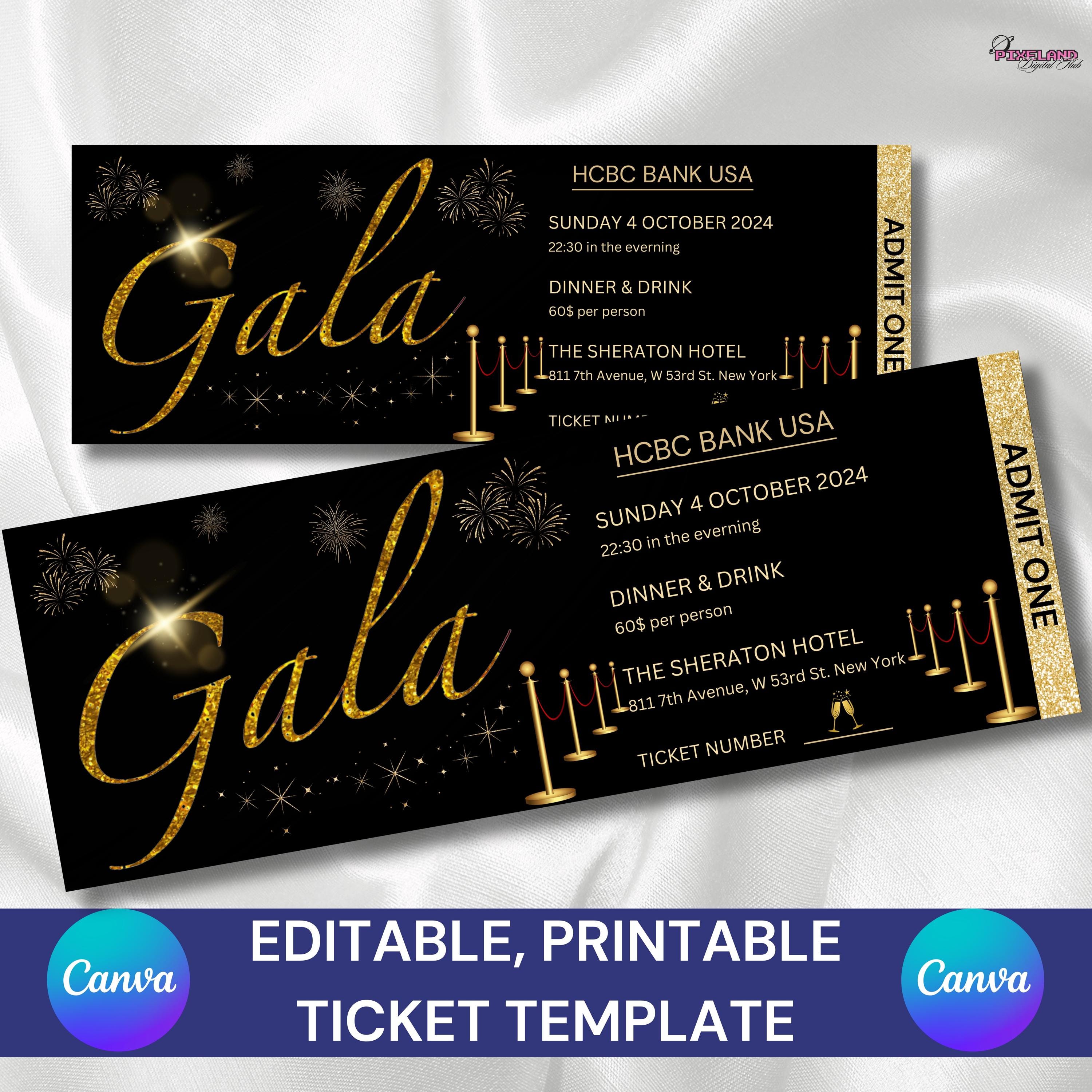 Golden Gala Ticket Template,admit One Printable Digital Download,black ...