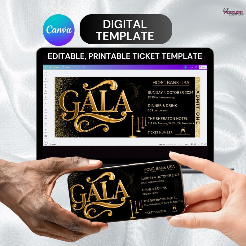 Black and Gold Gala Ticket Template, Printable Event Invitation ...