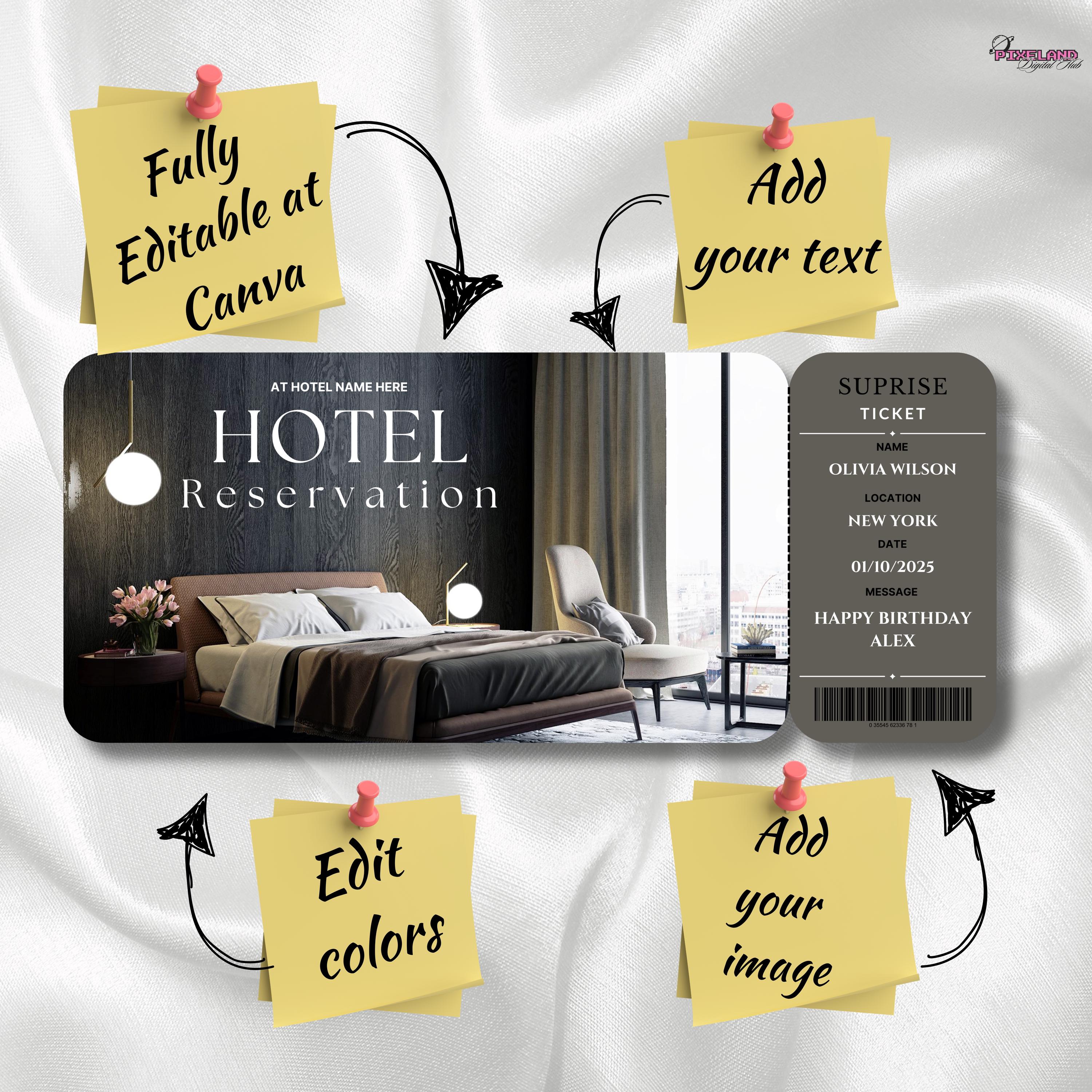 Editable Hotel Reservation Ticket Template: Surprise Gift (canva) - Etsy UK