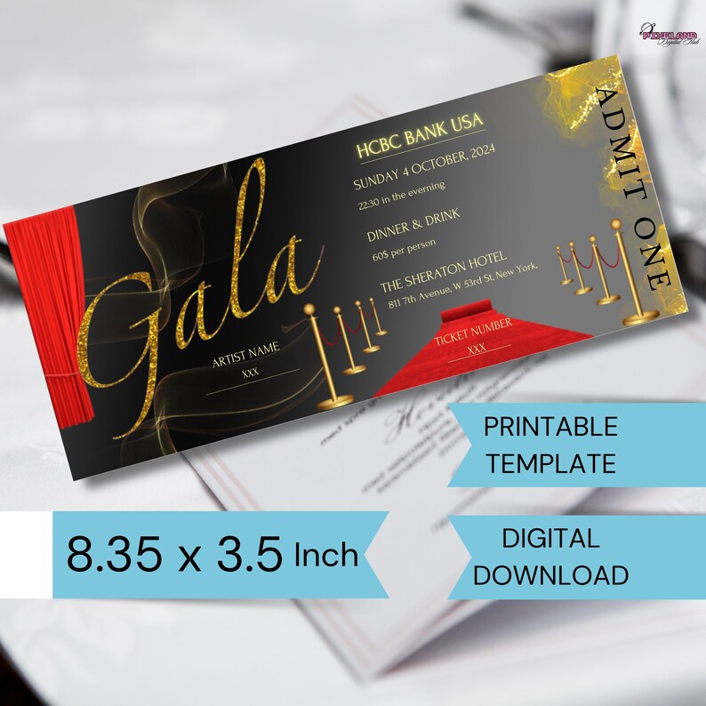 Golden Gala Ticket Template: Printable Event Admission (digital ...