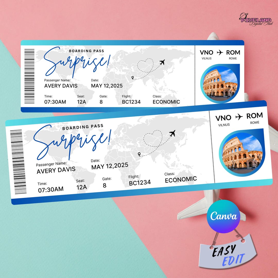 Editable Airline Ticket, Boarding Pass Surprise Trip, Custom Airplane ...